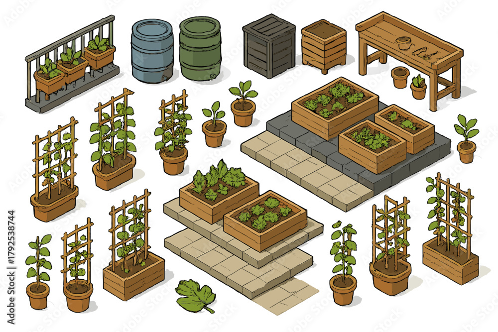 Isometric gardening assets featuring raised beds, potted plants ...