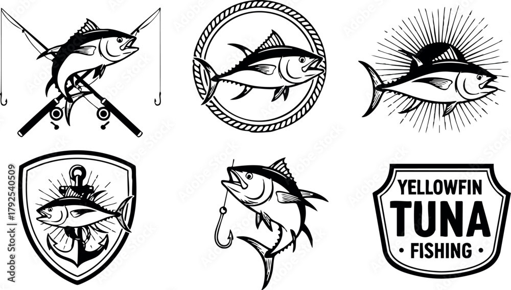 Yellowfin tuna fishing badge emblem collection with fish rod hook and ...