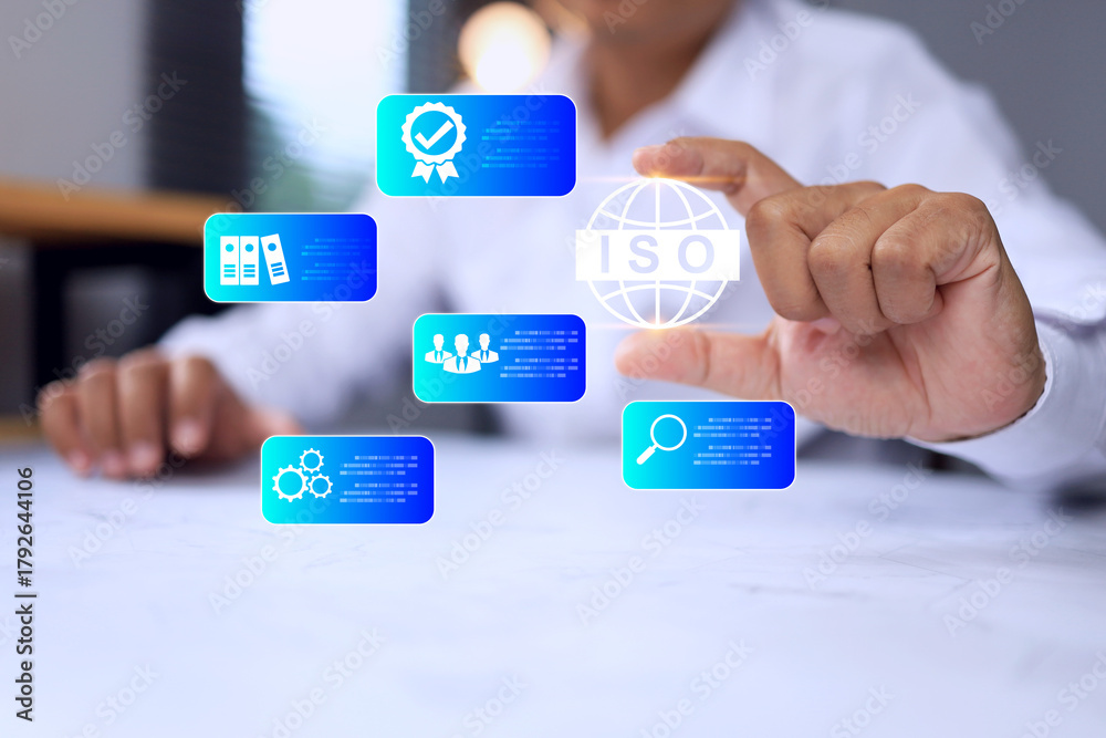 certification concept with businessman catch up logo to choose ...