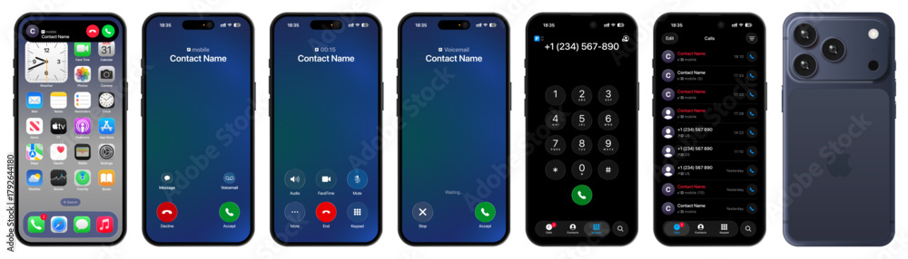 iPhone call phone app UI screen vector design featuring calling ...