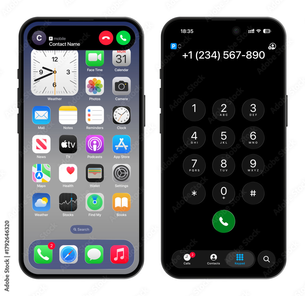 iPhone call phone app UI screen vector design featuring calling ...