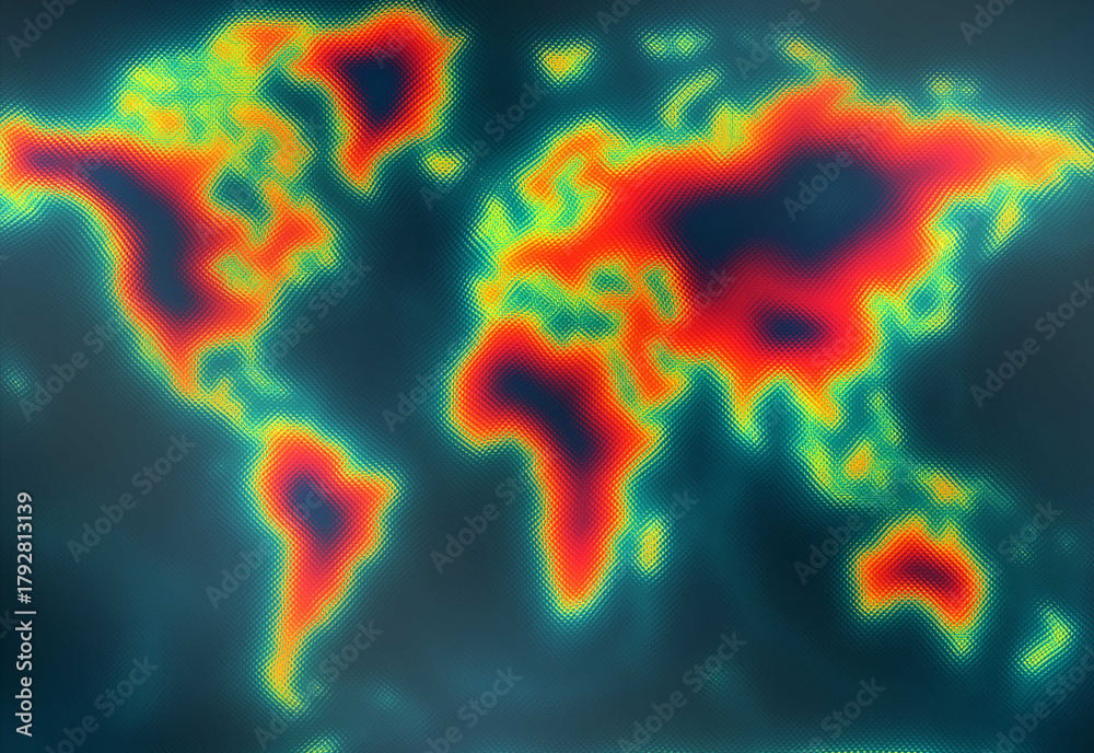 Abstract heat map world map showing global data intensity with red and ...