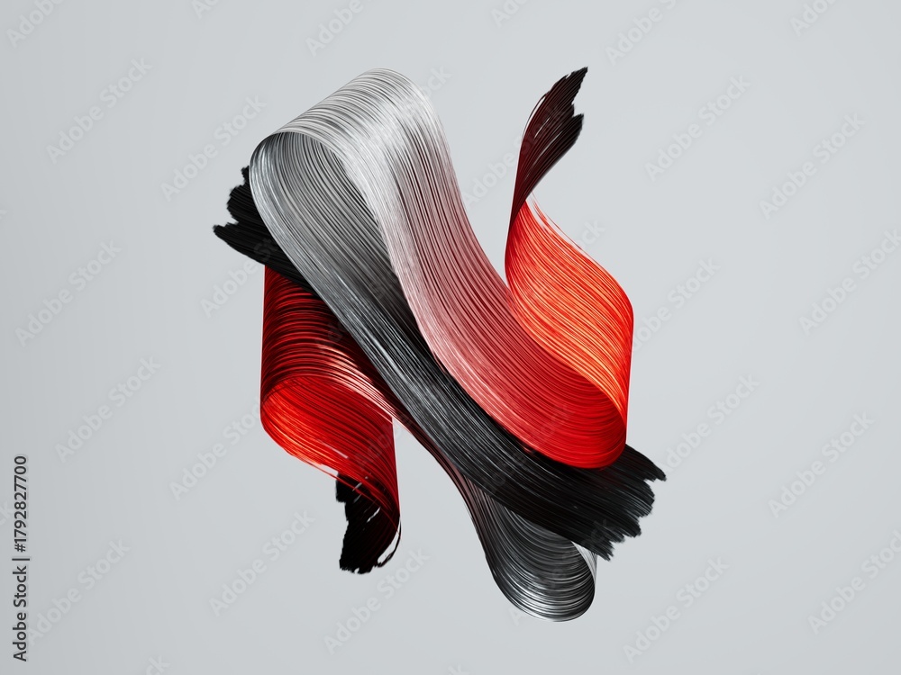 Abstract paintbrush ribbon shape in red, black, and gray tones, flowing ...