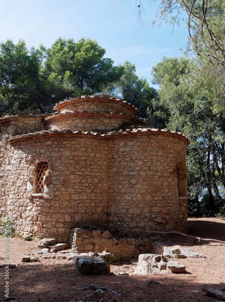 The chapel of the Holy Trinity on the island of Saint Honorat. Lérins ...
