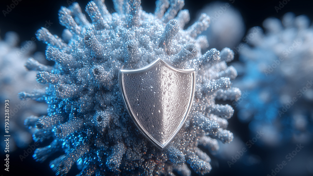 Protective shield confronting a viral structure, representing immunity ...