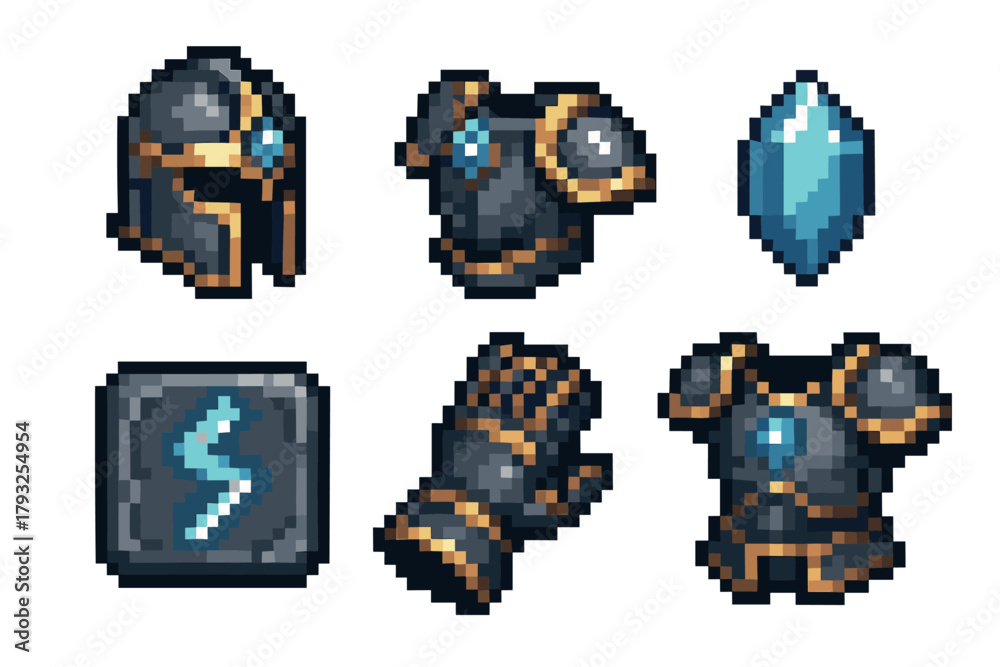 Pixel art collection of medieval armor and magical items including a ...