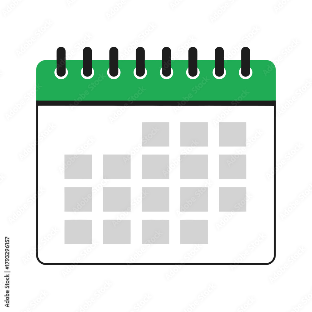 Simple green and white calendar icon showing a month layout with grey ...