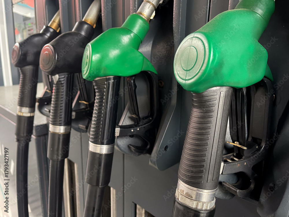 Refilling equipment at a gas station, close up. Filling station, petrol ...