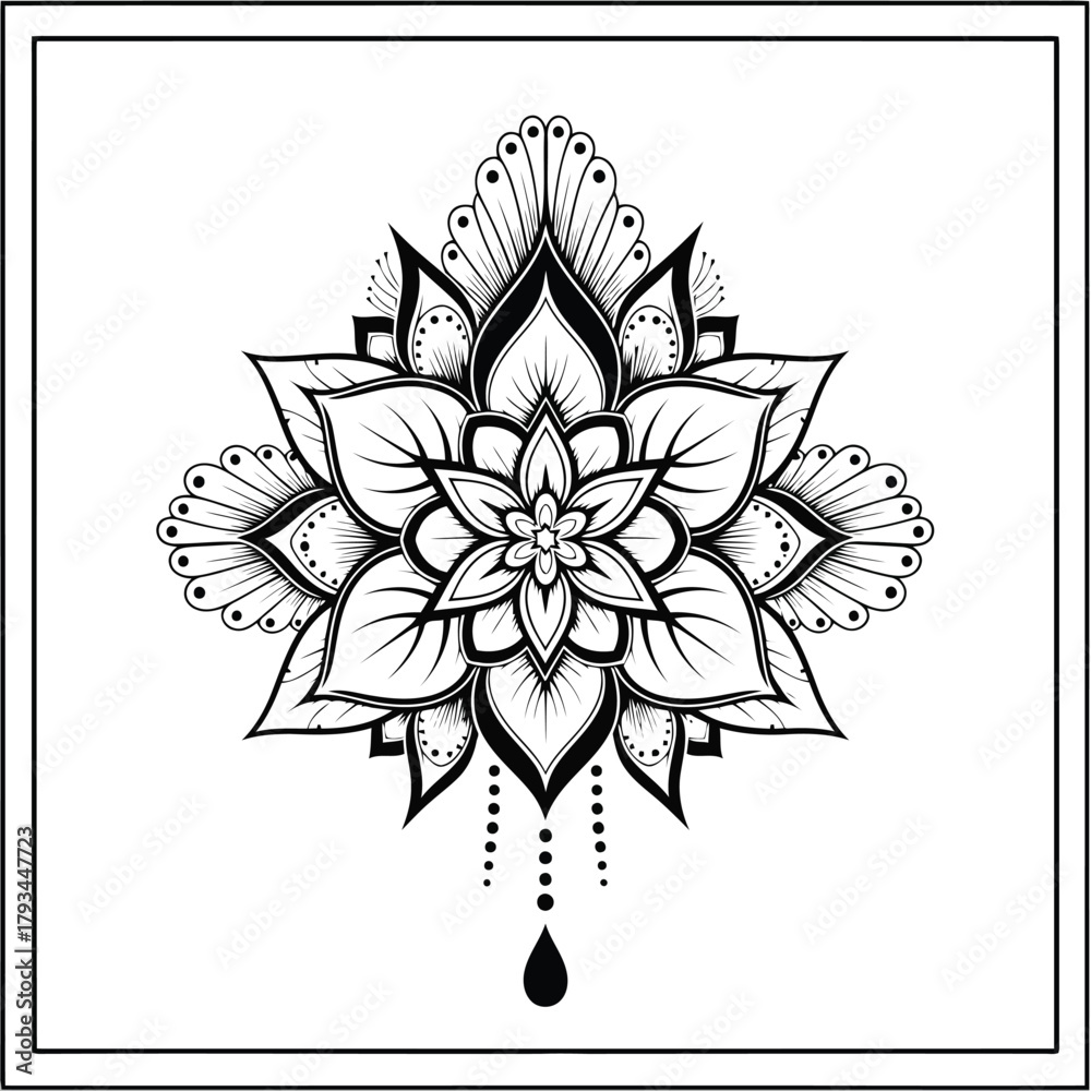 Black and white intricate floral mandala design with symmetrical petal ...
