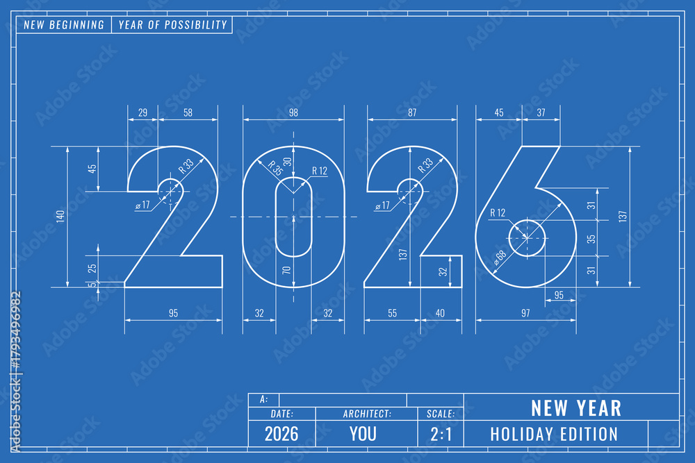 Blueprint style drawing of the number 2026. New Year greeting card ...