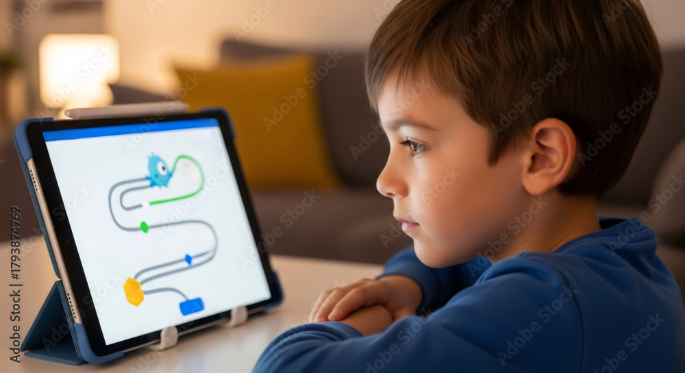 Caucasian boy using a tablet for pediatric vision therapy. Child ...