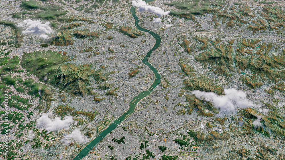 Foto de Stock Seoul, South Korea 3D Satellite Map with Terrain ...