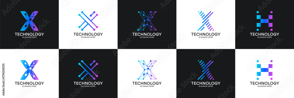 Set of initial letter X technology circuit connection digital data ...