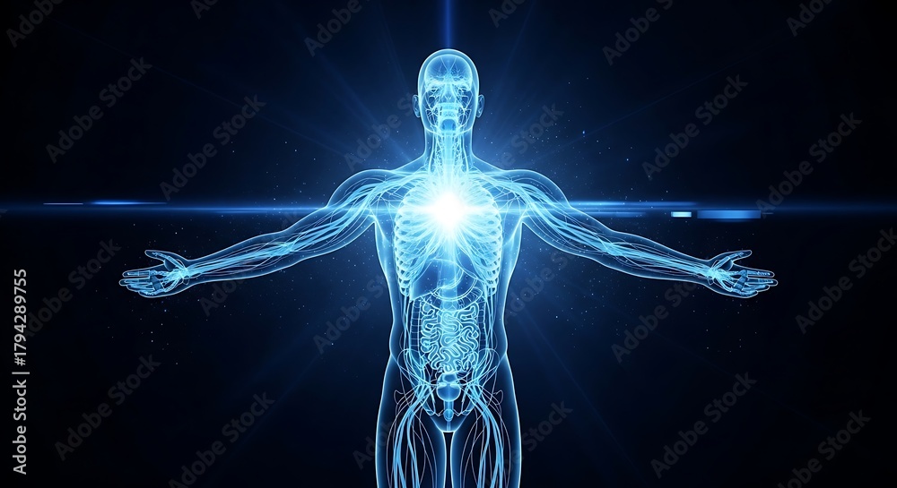 Human Body Anatomy in Blue Hologram Detailed Render with Focus on ...
