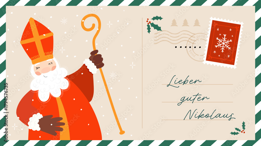 Lovely drawn Nikolaus character, text in german "Dear good Nikolaus ...