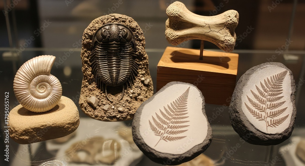A collection of ancient fossils including a trilobite, ammonite, fern ...