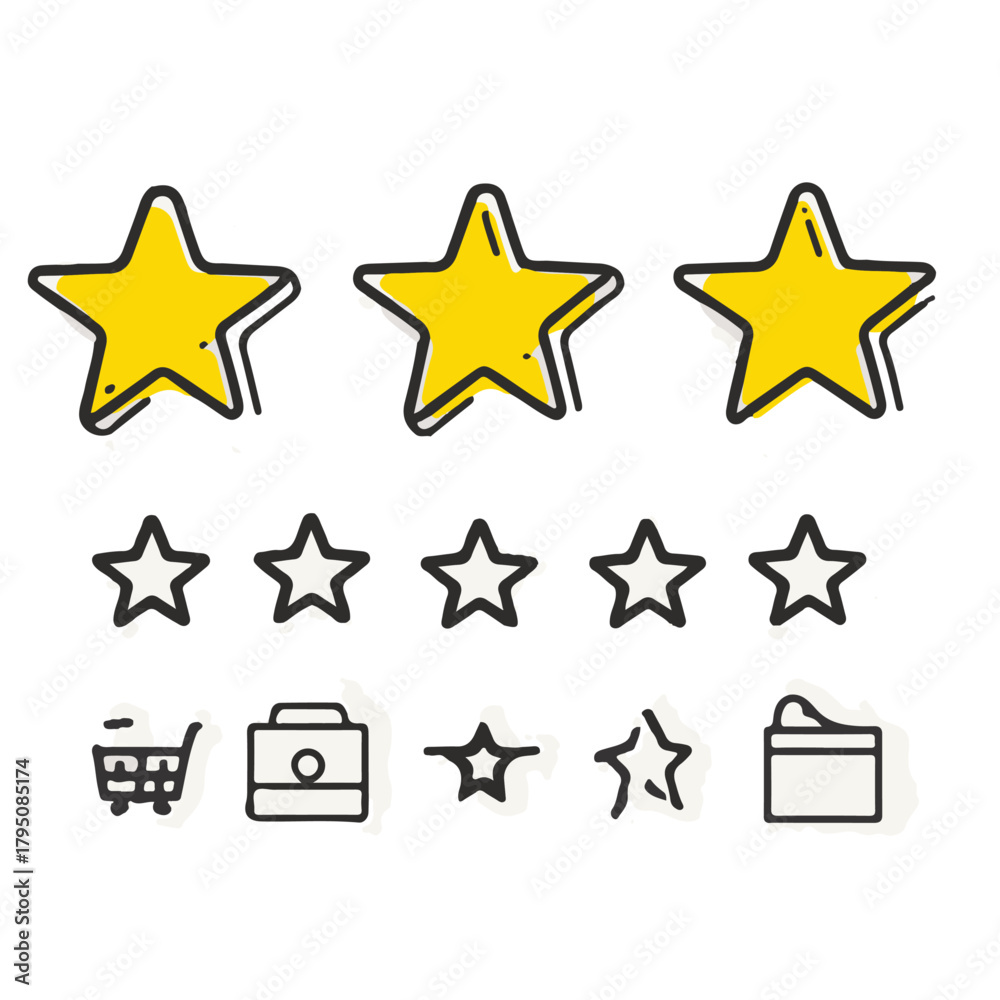 Review star rating icons and e-commerce symbols for feedback and ...