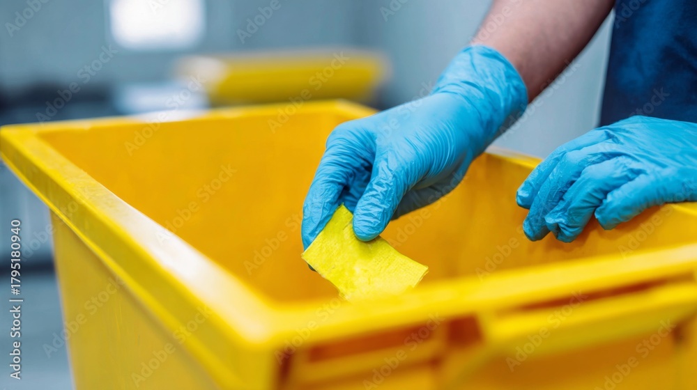 Proper Disposal of Medical Waste by Gloved Hands into a Yellow ...
