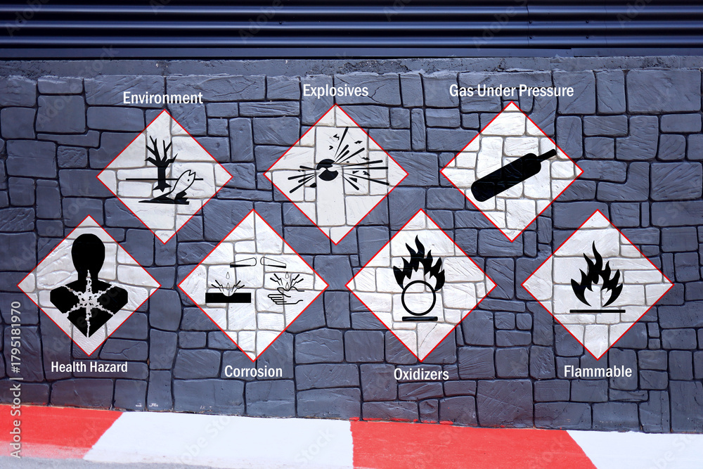 hazardous chemical warning sign screen or paint on a black wall ...