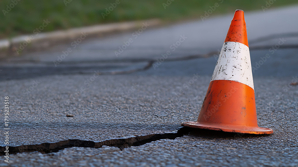 Warning! Cracked asphalt is marked with a traffic cone. The aging and ...