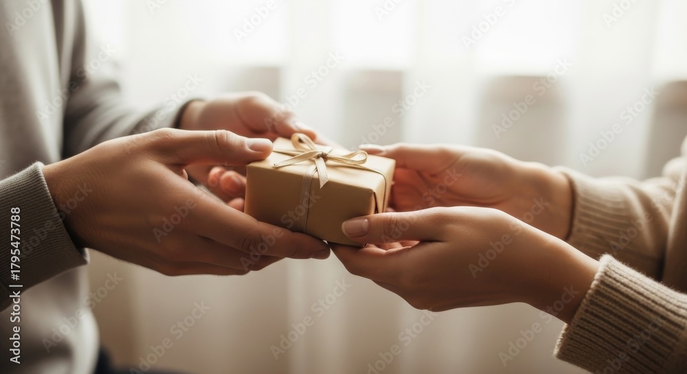 Hands of two people exchanging a small, wrapped gift box tied with a ...