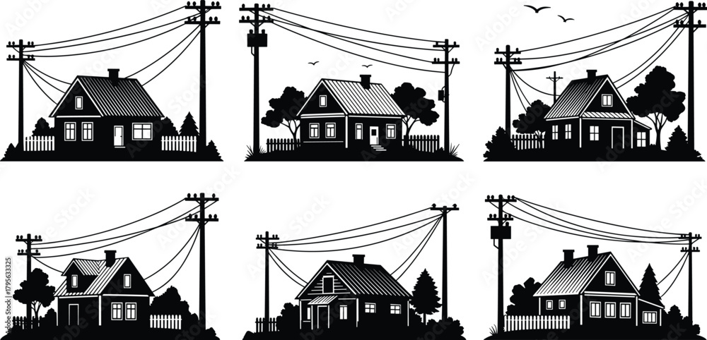 Silhouette houses with utility poles and overhead power lines ...