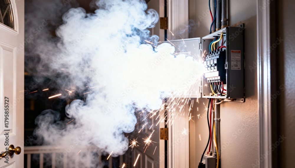 Intense electrical arc flash, smoke, and sparks erupting violently from ...