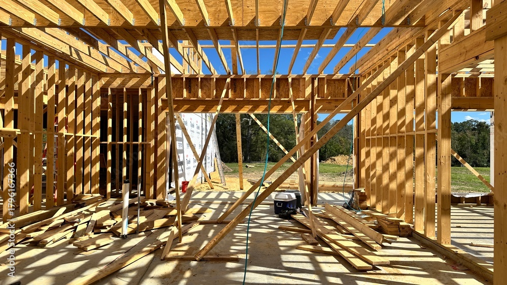 Photo Stock Residential wall framing with temporary bracing and ...