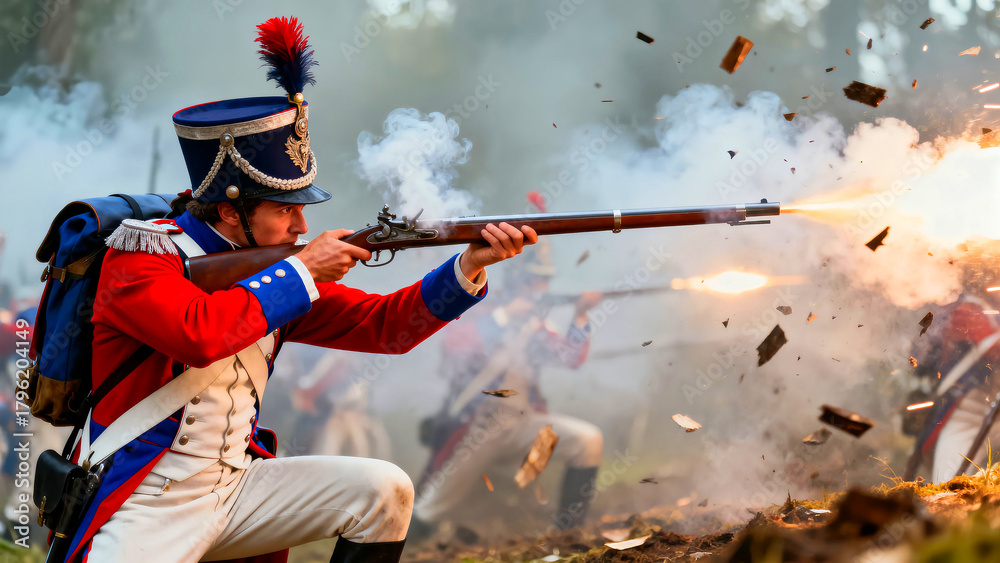Revolutionary war soldier firing a musket during a battle reenactment ...
