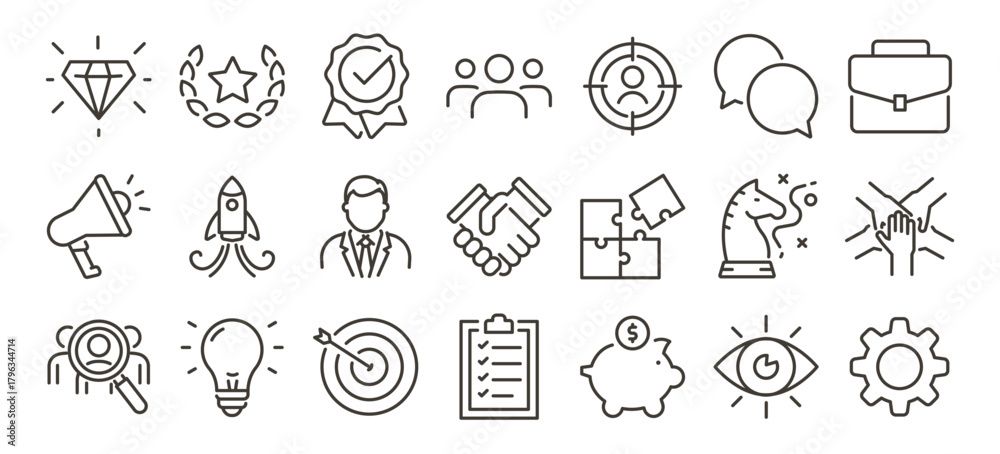 Corporate culture, leadership and teamwork icon set. Mission, vision ...