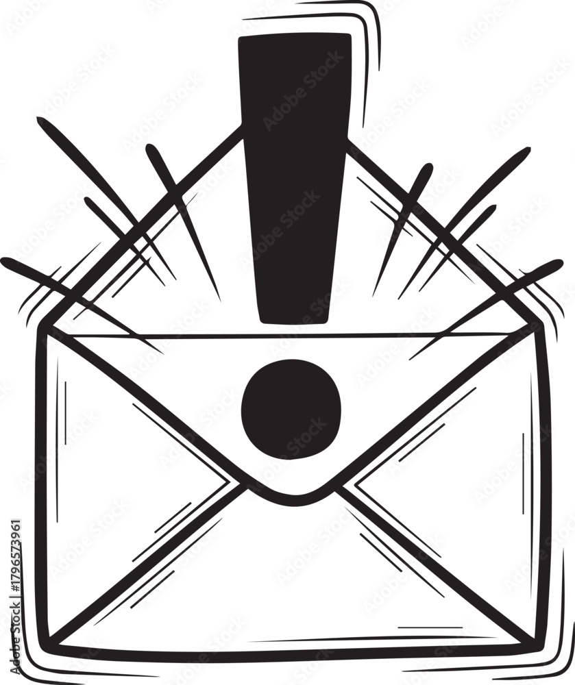 Urgent communication alert with exclamation mark inside an opened email ...