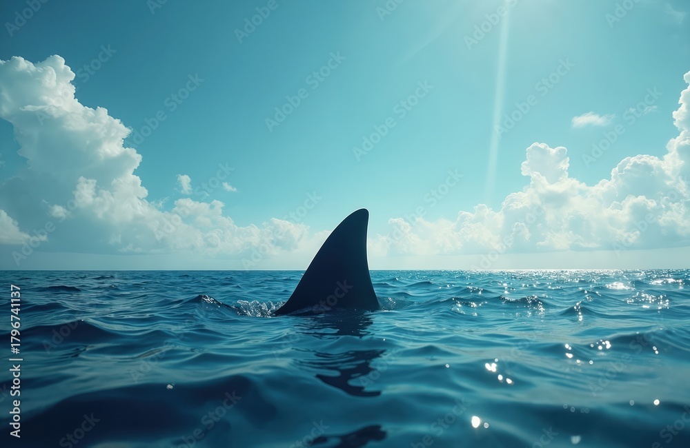 Dramatic photo of fin breaking water surface. The apex predator swims ...
