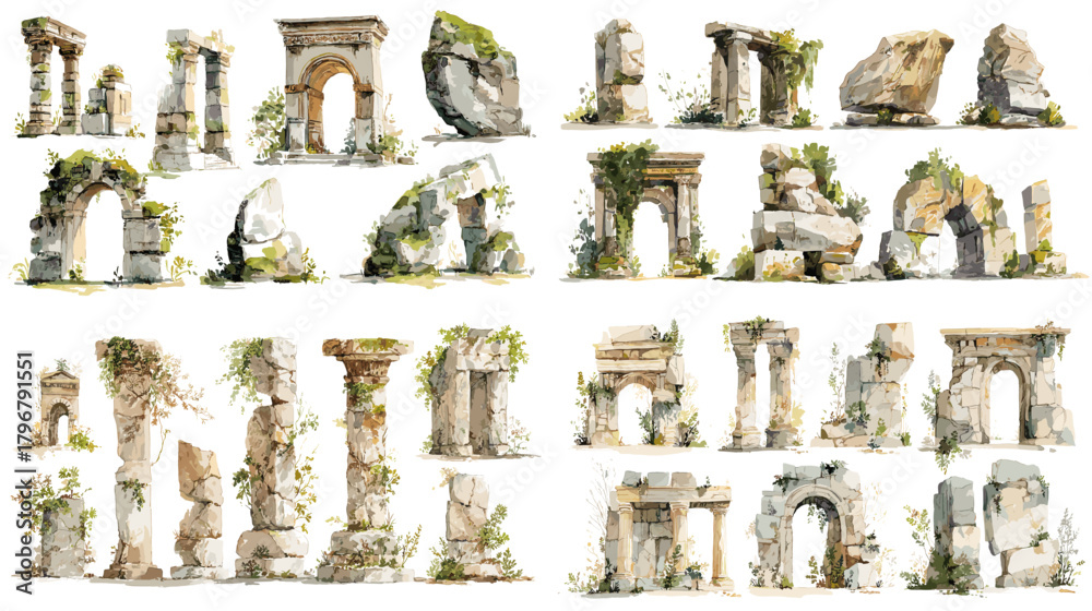 Detailed watercolor ancient ruins with arches, columns, and mossy ...