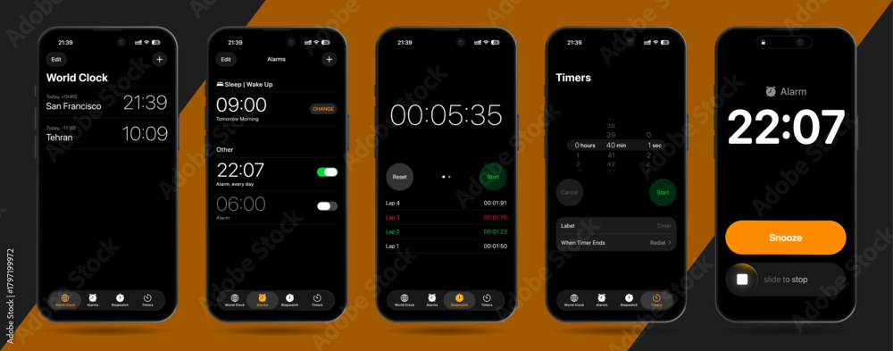 iPhone Clock app UI vector design featuring world clock, alarms ...