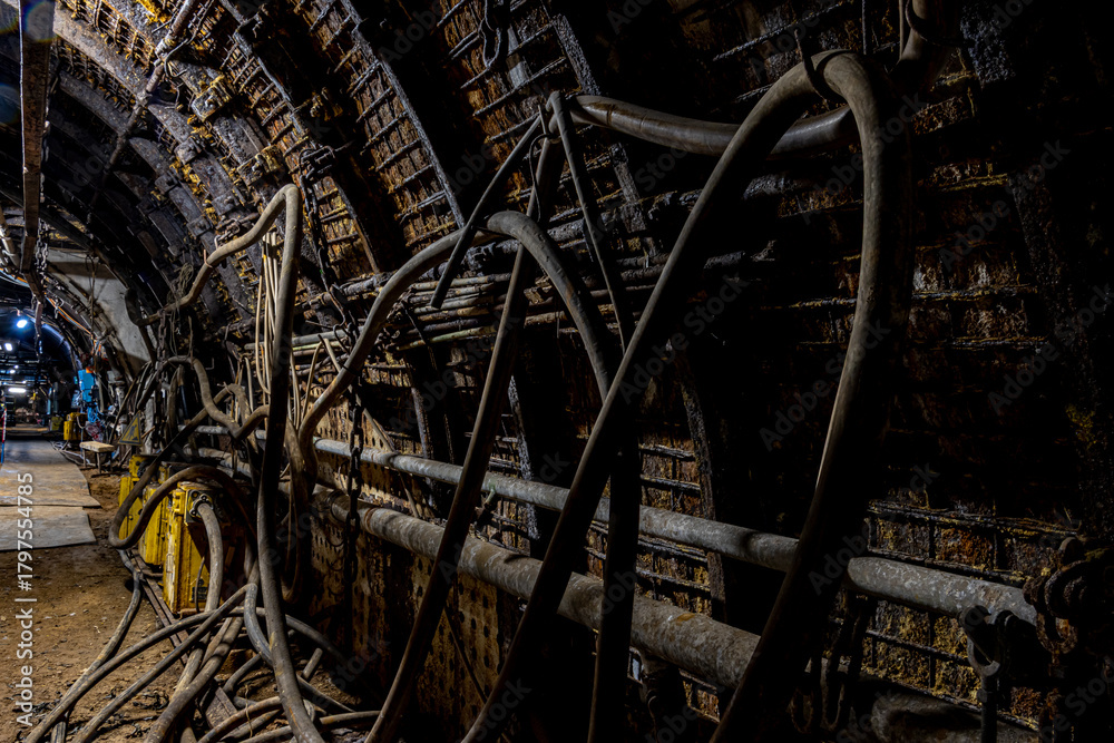 Deep underground in a coal mine, heavy iron chains, hydraulic hoses ...