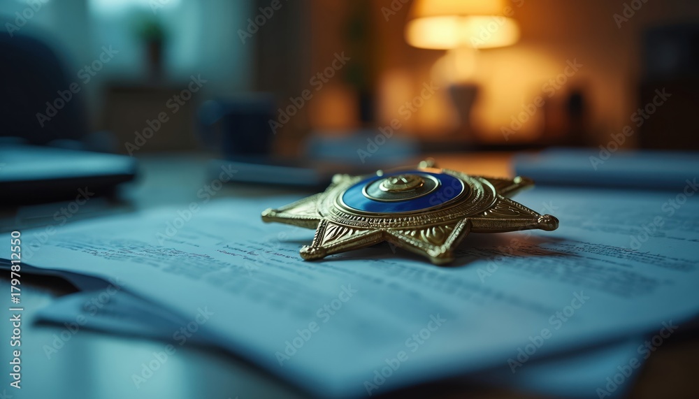 Foto de Stock Gold police badge lies on scattered documents on desk in ...