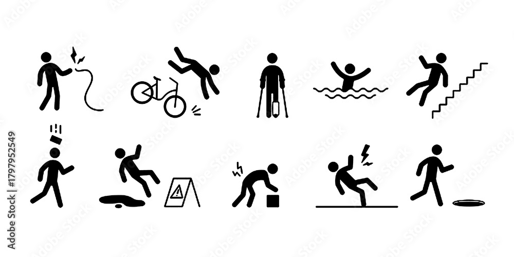 Accident pictogram man icon. Slipping fall, bike accedent, electric ...