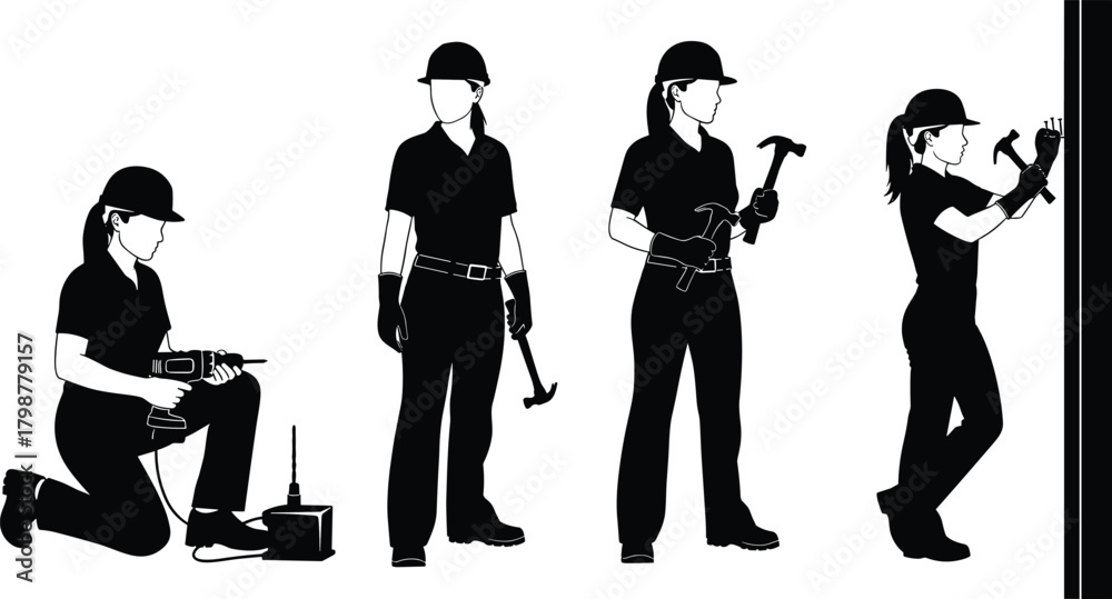 Female construction workers performing various tasks in silhouette ...