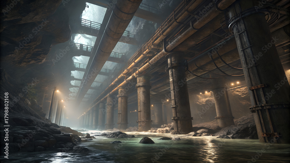 Subterranean cavern with city foundations, pipes discharging chemical ...