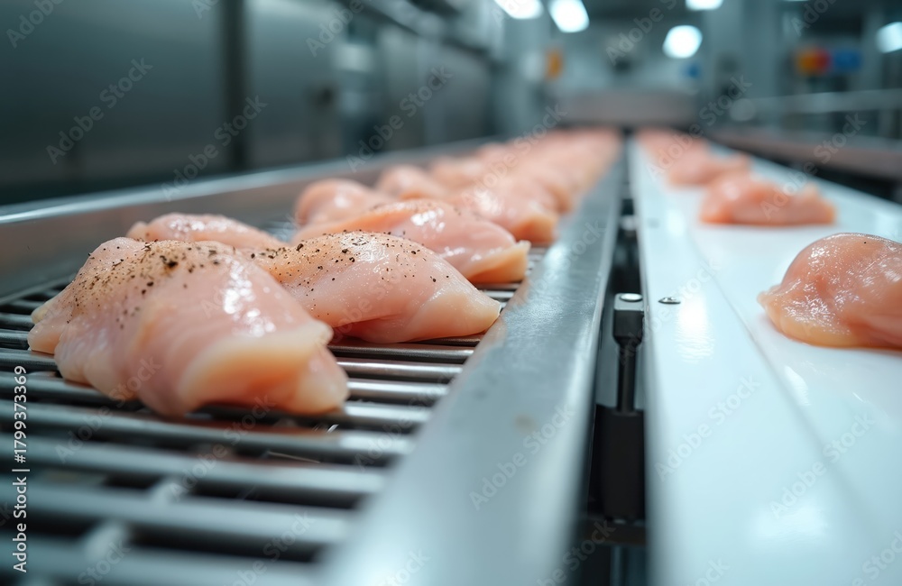 Chicken breasts move on conveyor belt in sterile food production ...
