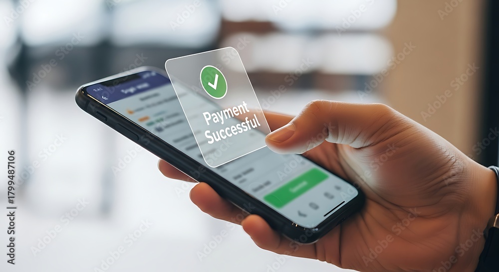 A person holds a smartphone with a payment successful message displayed ...