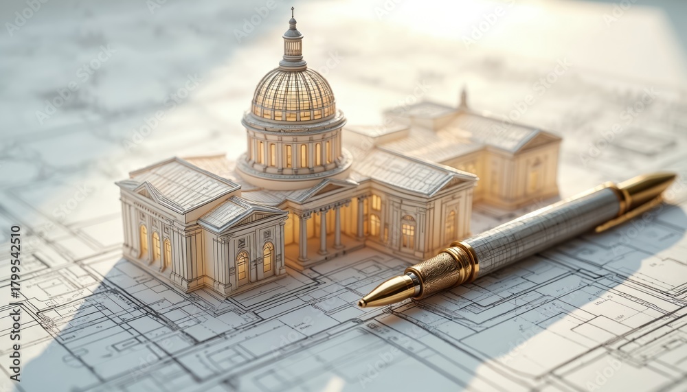 Architectural model of a domed building sits on blueprints. A golden ...