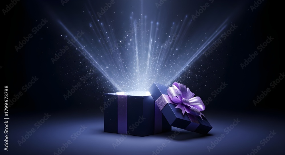 Mysterious glowing gift box opens with bright light beams and sparkling ...