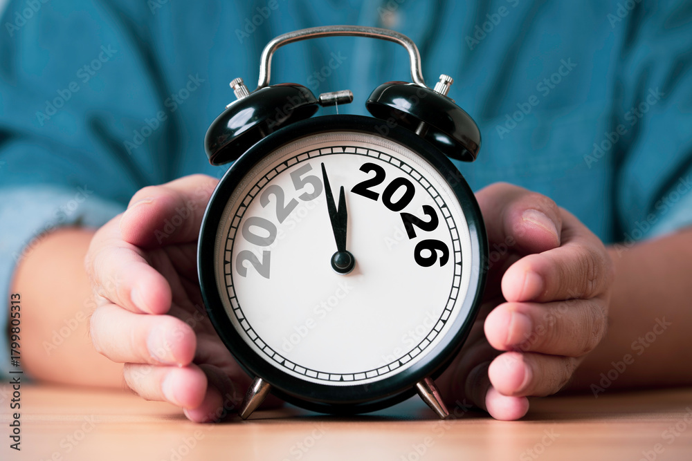 Businessman holding an alarm clock showing the transition from 2025 to ...