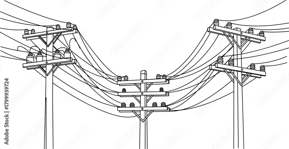 Detailed line-art illustration of multiple electric utility poles with ...