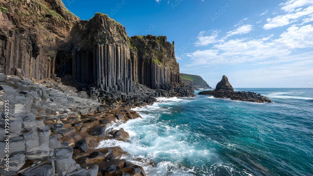 Volcanic basalt columns by the sea - hexagonal rock formations rising ...
