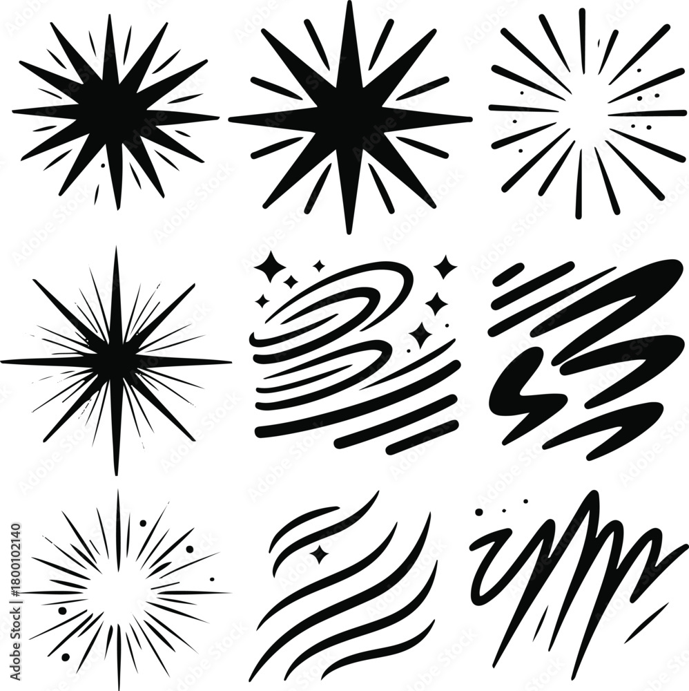 minimal black line art comic effects, including starburst, explosion ...