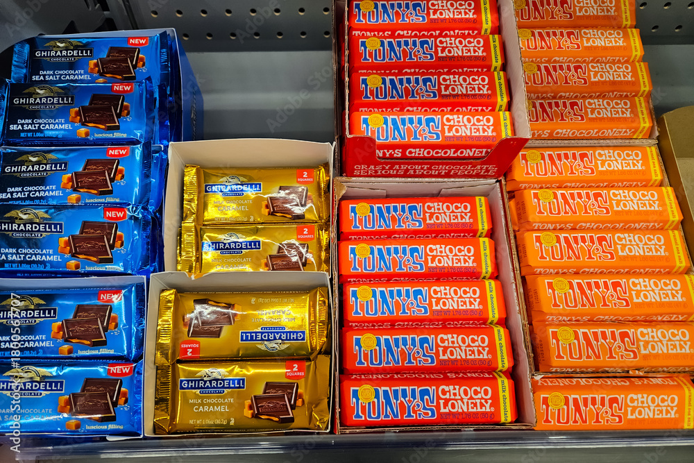 Minneapolis, USA - Nov. 14, 2025: Ghirardelli and Tony's Chocolonely ...