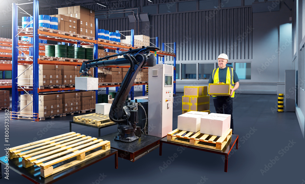 Warehouse automation with robotic arm handling boxes while worker ...