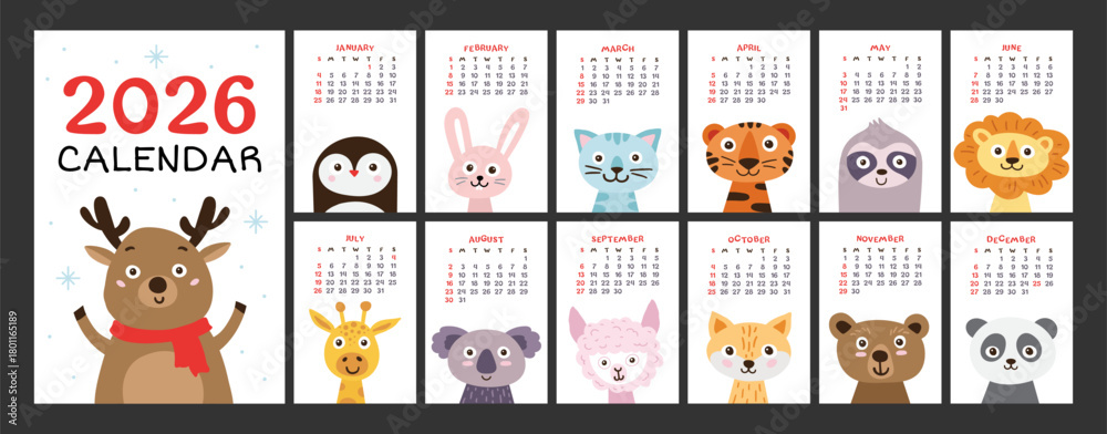 Image vectorielle Stock 2026 calendar with cute animals. Yearly planner ...